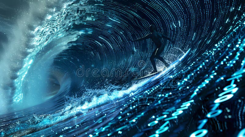 Figure Surfing on a Wave of Binary Code with Glowing Stock Illustration ...