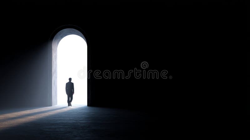Figure Walking through Archway of Light into Symbolic New Beginning ...