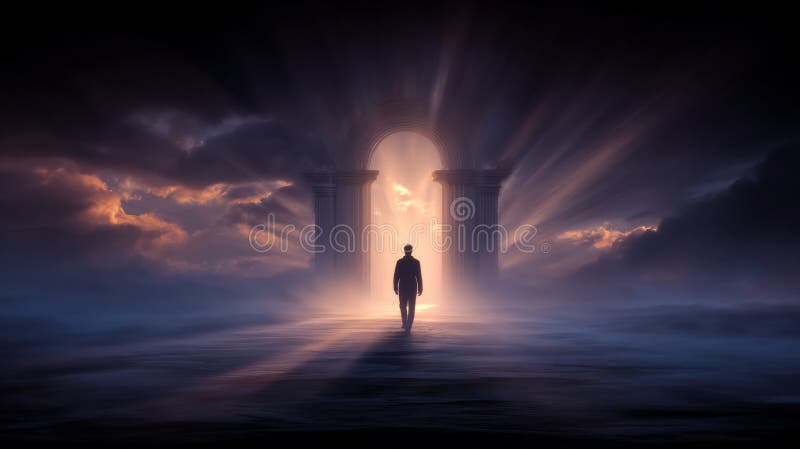 Figure Walking through Archway of Light into Symbolic New Beginning ...