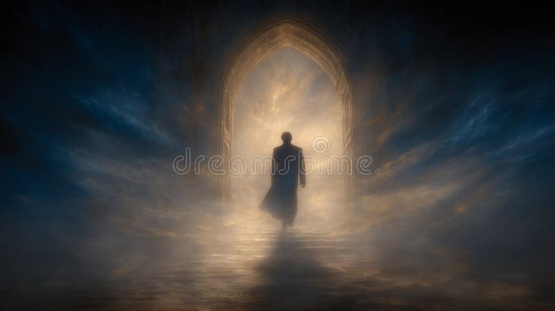 Figure Walking through Archway of Light into Symbolic New Beginning ...