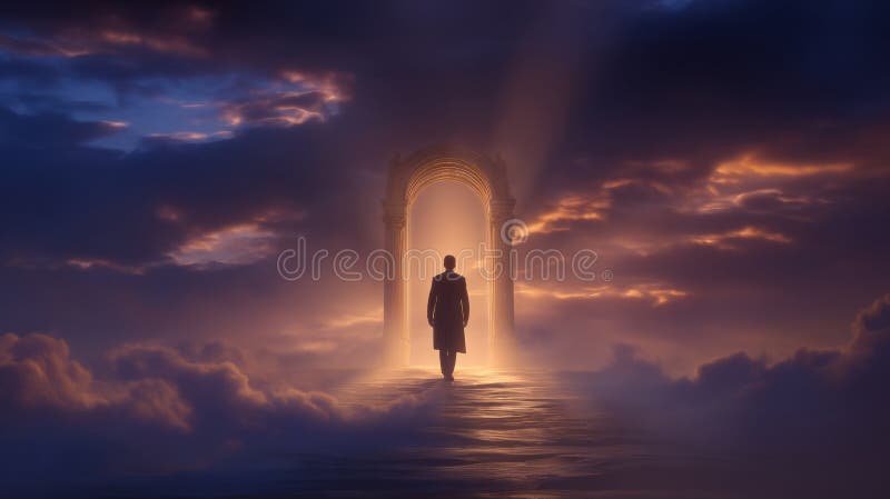 Figure Walking through Archway of Light into Symbolic New Beginning ...