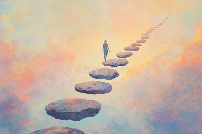 Figure Walking on Floating Rocks that Form a Path Ascending into the ...