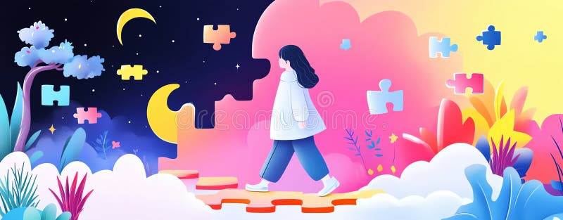 A Figure Walking on a Path Made of Puzzle Pieces, Each Representing ...