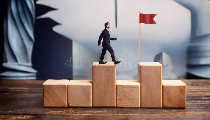 A Figure Walks Across Wooden Blocks Checkmarks and a Flag Mark Progress ...