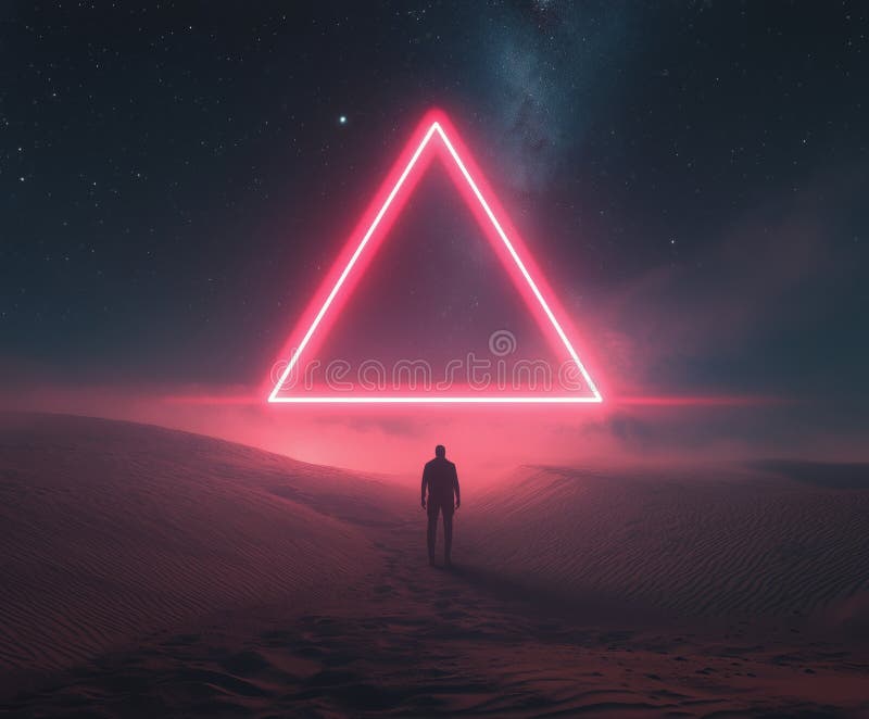 Person Standing in Desert Under Glowing Triangle at Night Sky Stock ...
