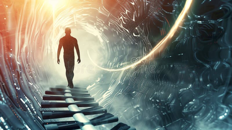 A Figure Walks a High-tech Path Symbolizing Evolution and ...