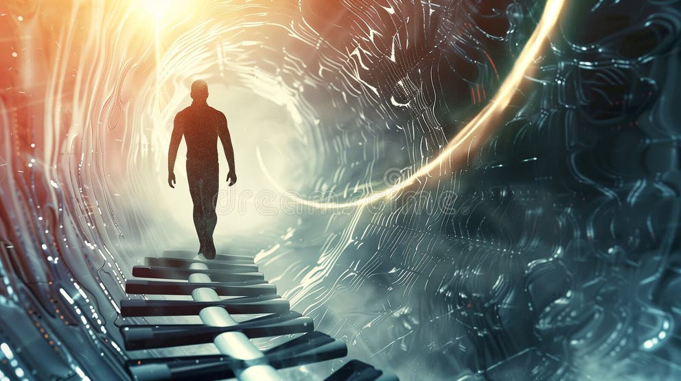 A Figure Walks a High-tech Path Symbolizing Evolution and ...