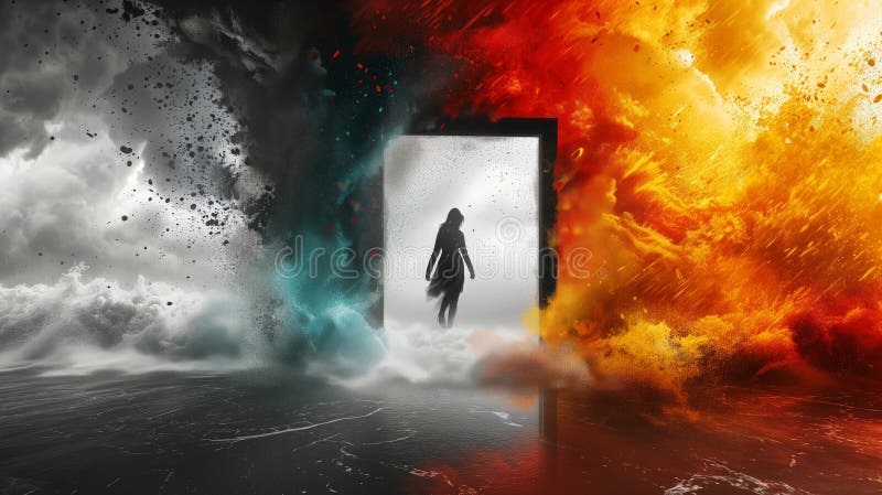 A Figure Walks through a Portal Transitioning from a Chaotic Blend of ...