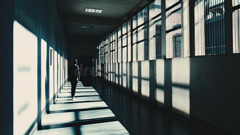 Shadowy Figure Walking Down a Dimly Lit, Abandoned Hallway with Windows ...