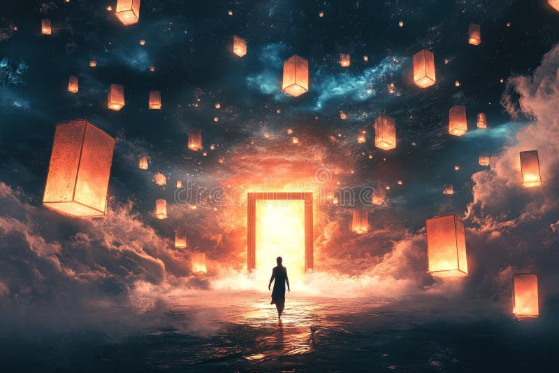 A Figure Was Walking Towards the Glowing Gate in the Sky. Stock ...
