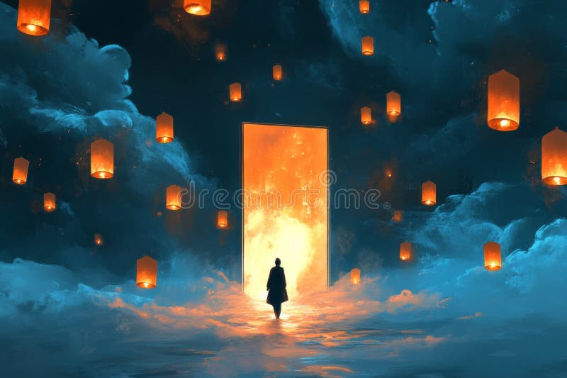 A Figure Was Walking Towards the Glowing Gate in the Sky. Stock ...