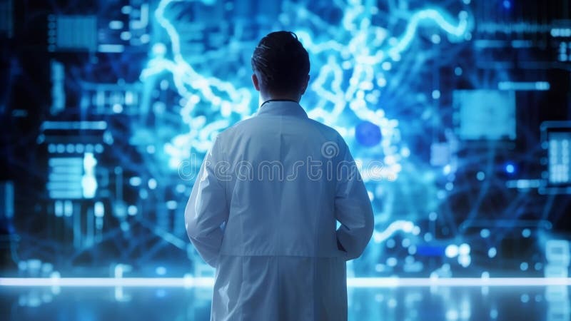 A Figure in a White Lab Coat Stands with Their Back To the Camera ...
