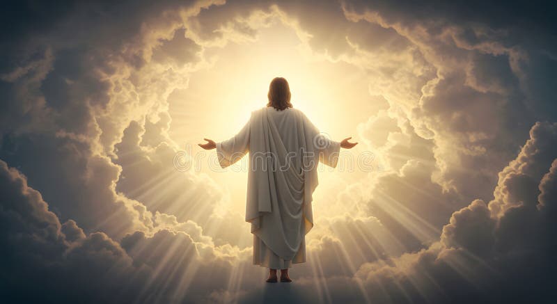 Jesus Christ Ascending into Heaven with Open Arms and Bright Light ...