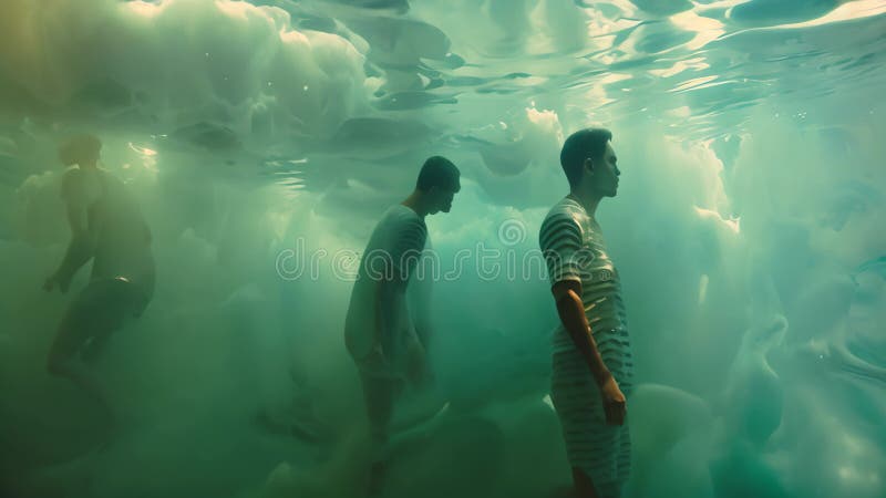 Figures Appear To Float Weightlessly in a Murky, Underwater Setting, an ...