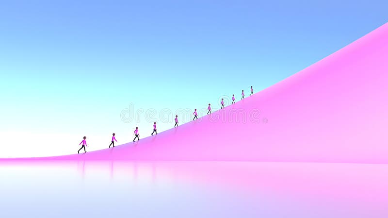 Figures Ascending a Vibrant Pink Hill Under Clear Skies Stock Image ...