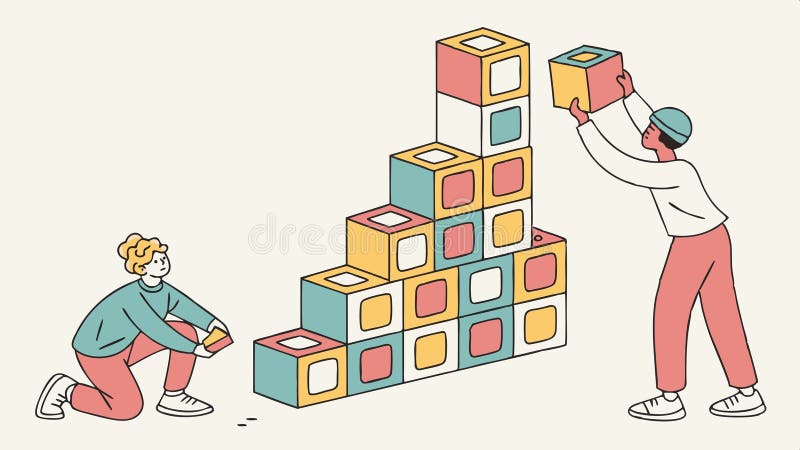 Figures Building with Colorful Toy Blocks Symbolizing Teamwork and ...