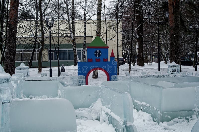 Figures and Buildings Made of Ice in a Park Stock Photo - Image of ...