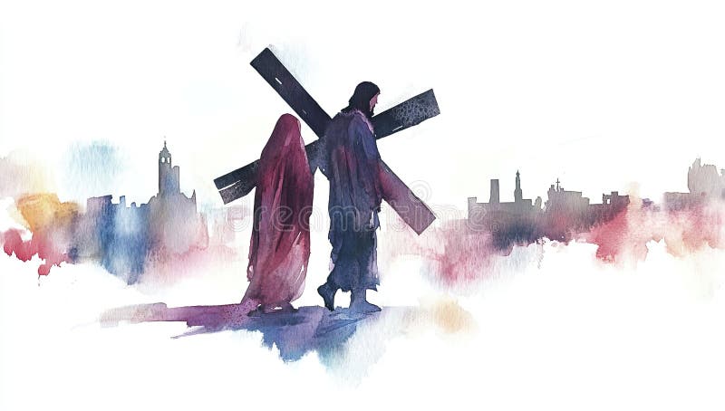 Figures Carrying a Cross through a City Skyline Stock Illustration ...