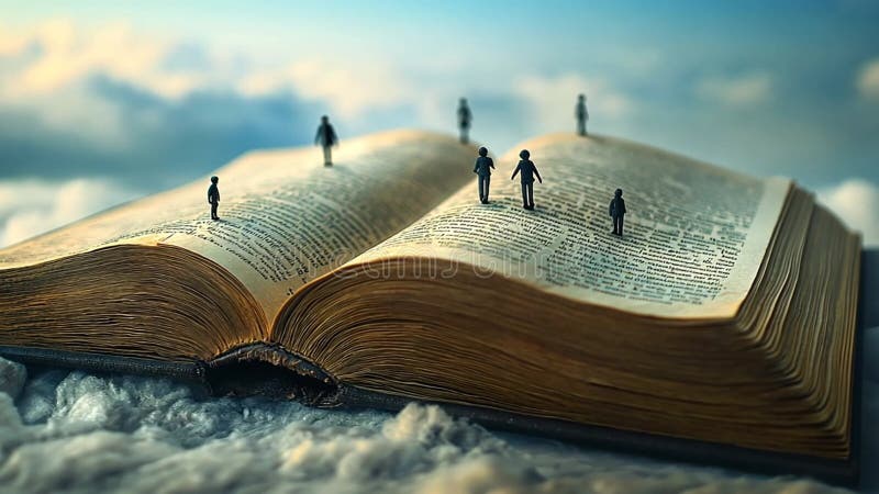 Figures Explore a Giant Open Book on a Cloud during a Dreamy Twilight ...