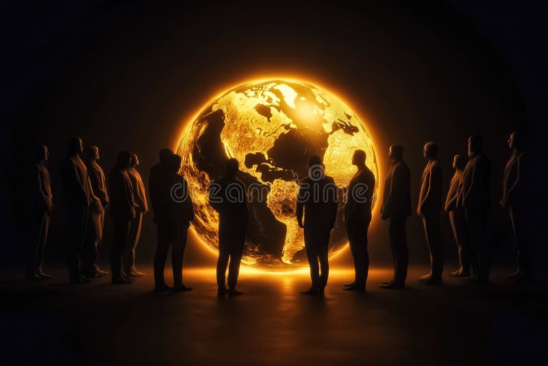 Figures Gaze at a Glowing Globe, Symbolizing Unity and Global Awareness ...