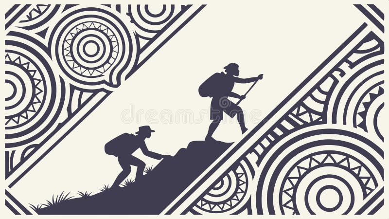 Figures Hiking Uphill on an Abstract Ground Pattern, Journey and ...