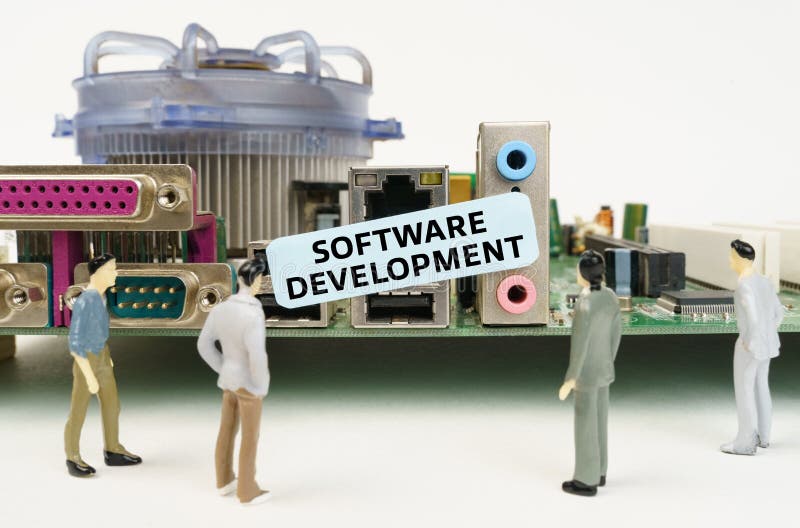 Figures of People are Standing Near the Motherboard and Looking at the ...
