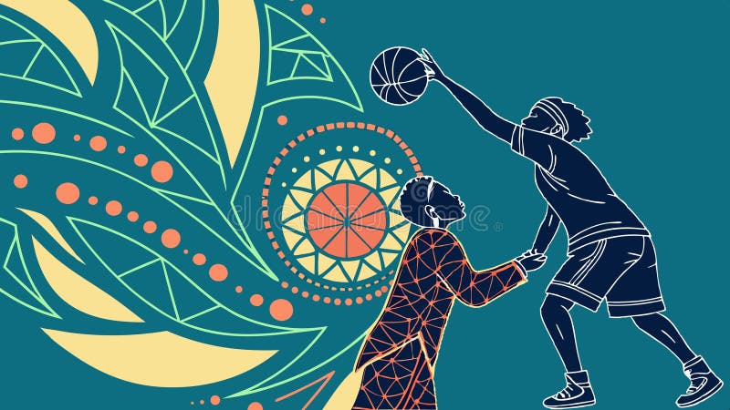 Figures Playing Basketball within Vibrant Abstract Geometric Patterns ...