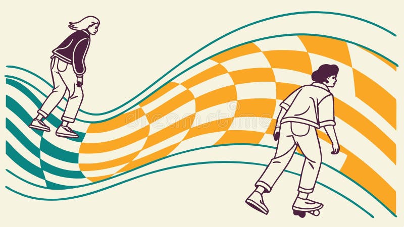 Figures Rollerblading on Wavy Paths, Retro Urban Sport Scene, Vector ...