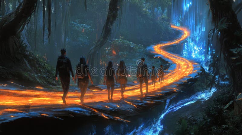 Figures Silhouetted Against the Light Walk Along a Mystical, Glowing ...