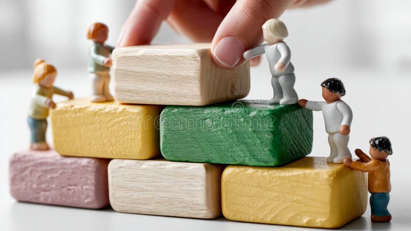 The Figures Stack Wooden Blocks in a Team Game. Stock Photo - Image of ...