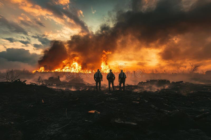 Figures Stand before Inferno in Smoke and Ruin, a Grim Setting Stock ...