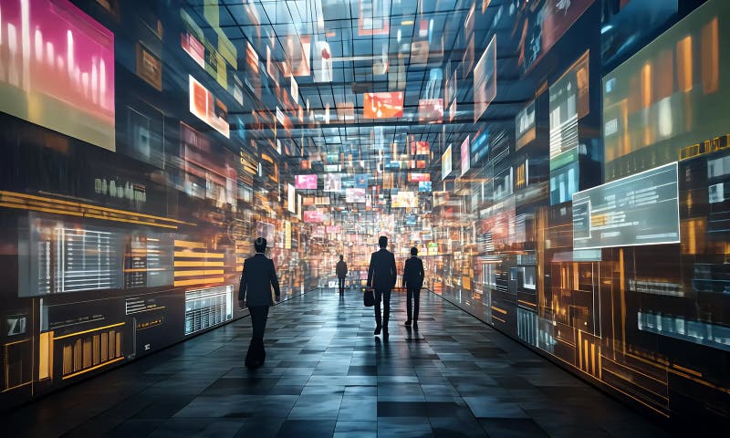 Figures Walk through a Futuristic Corridor Filled with Countless ...