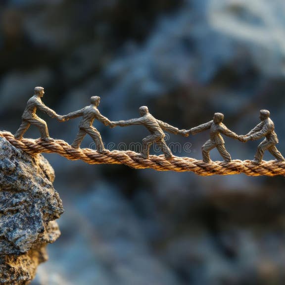 Figures Walk Together on Rope, Teamwork through Difficulties and ...