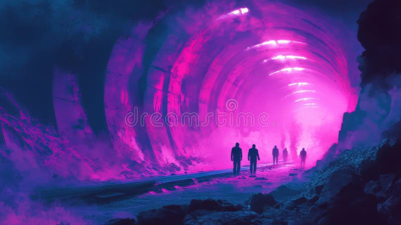 Figures Walking through a Pink and Blue Neon Lit Tunnel Stock ...