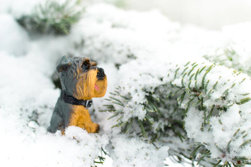 A Figurine of Dogs on a Tree Branch. Symbol of the Year 2018 Stock ...
