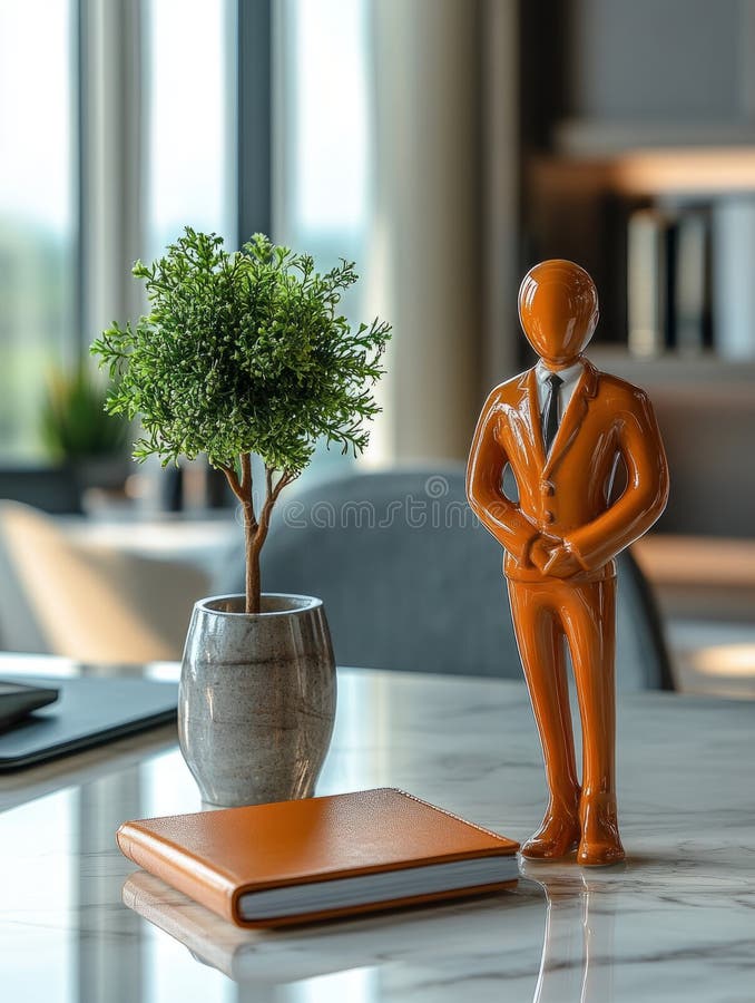Figurine and Plant on Modern Office Desk Stock Image - Image of design ...