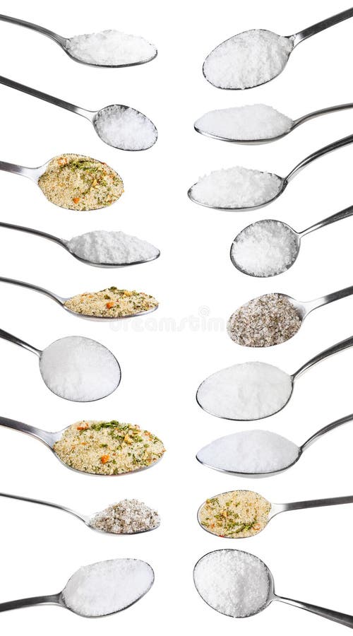 Fije De Las Cucharas De Acero Con Las Diversas Sales Aislado Foto de ... Fije De Las Cucharas De Acero Con Las Diversas Sales Aislado Foto de ...