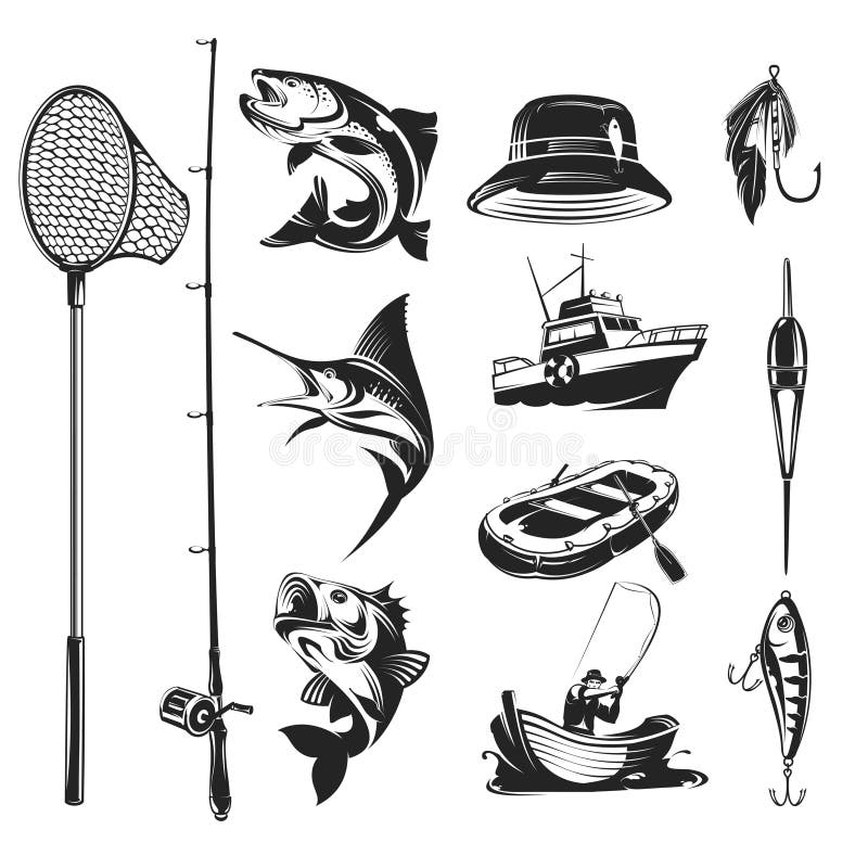 Fije Los Iconos Del Vector En El Tema De La Pesca Ilustración del ...