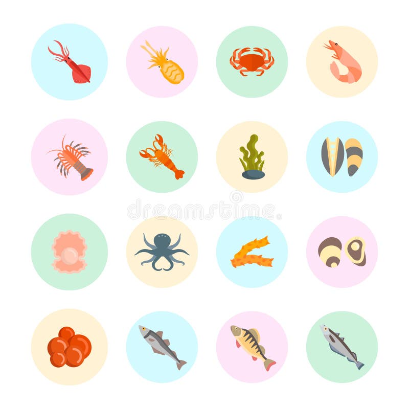 Fije Los Iconos Planos Del Vector De Los Mariscos Stock de ilustración ...
