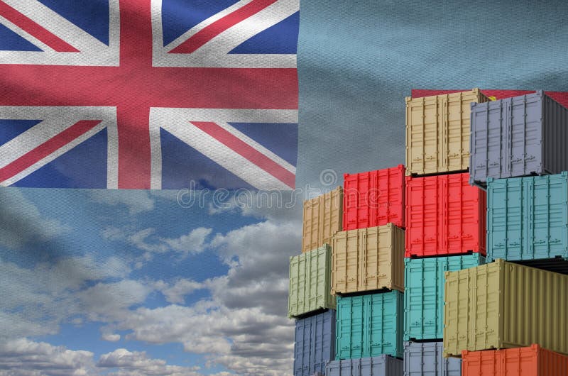 Fiji Flag and Big Stack of Shipping Cargo Containers in Docks with Sky ...