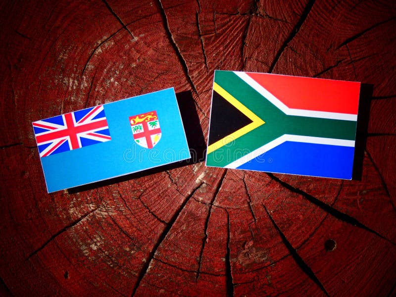 Fijian Flag with South African Flag on a Tree Stump Isolated Stock ...