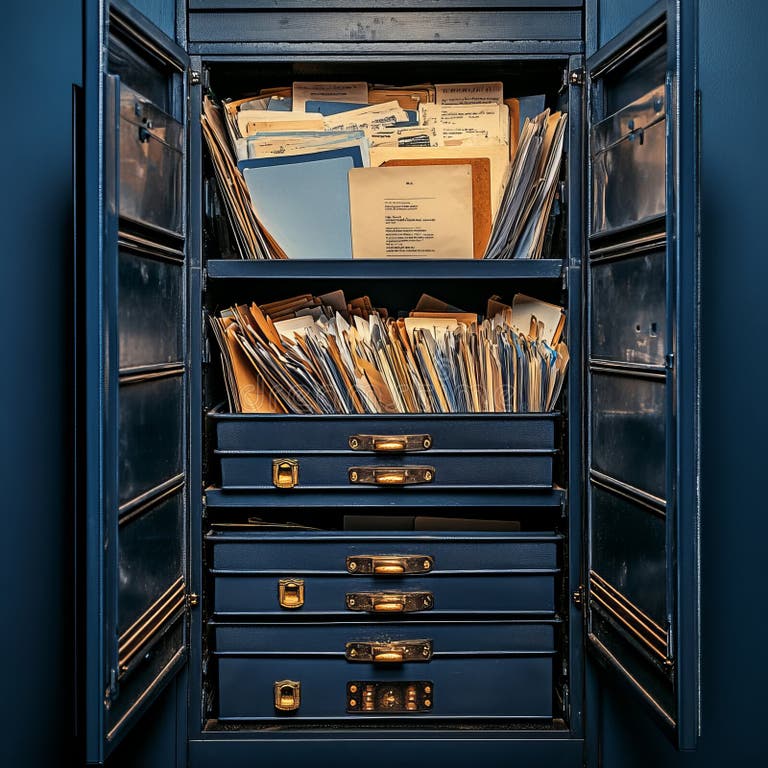 The File Cabinet Drawer is Overfilled, Causing Papers To Overflow Stock ...