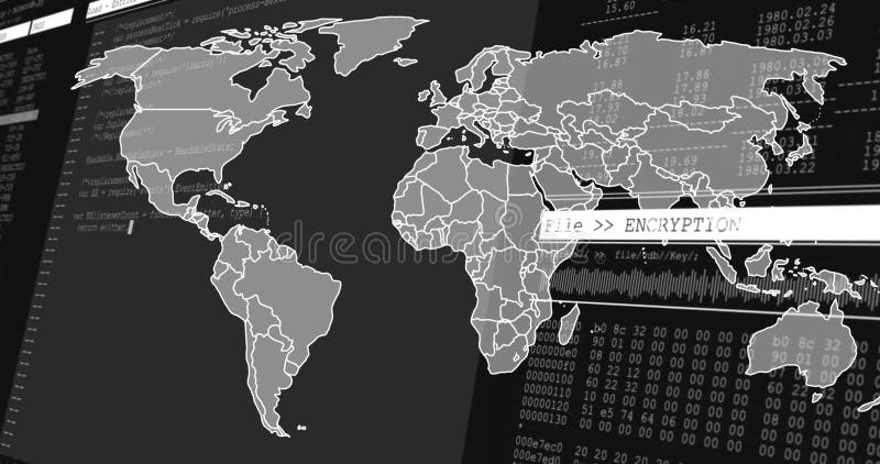 File Encryption Text Animation Over World Map And Digital Data Coding