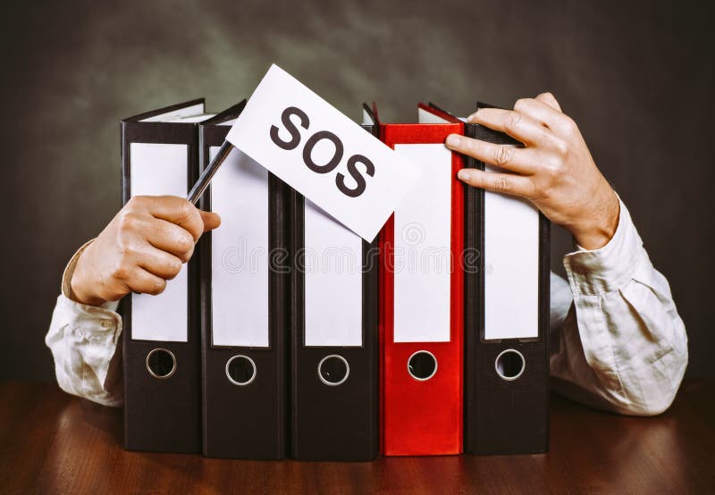 File Folders with Hands and SOS Sign Stock Photo - Image of employee ...