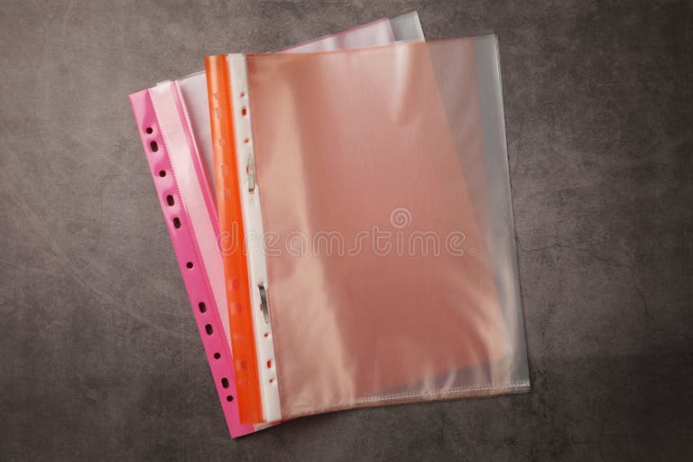 File Folders with Punched Pockets on Grey Table, Flat Lay Stock Image ...