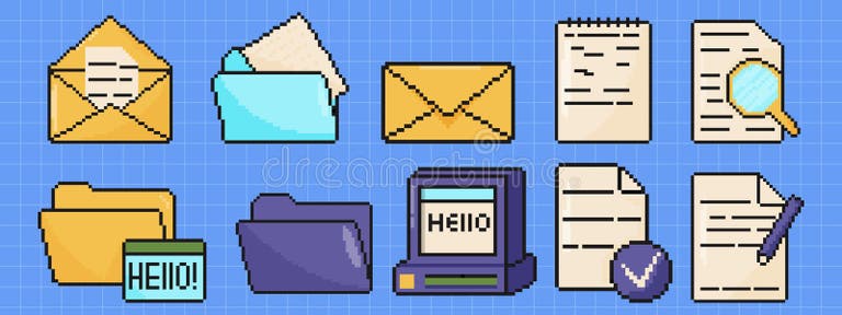 File Folders Set. Pixel Art Objects. Old School 8 Bit Computer Graphic ...