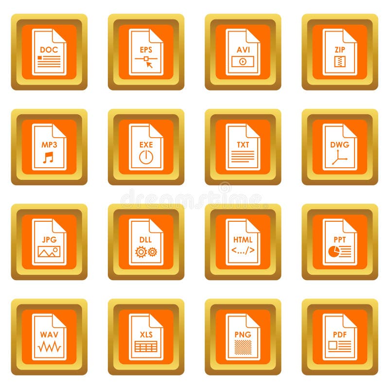 File Format Icons Set Orange Stock Vector - Illustration of pictogram ...