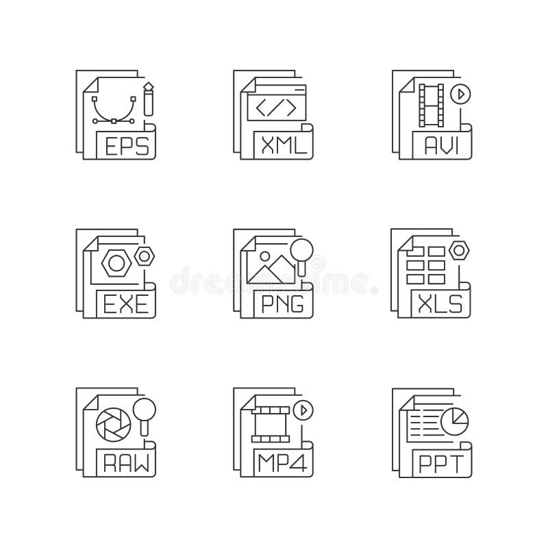 File Formats Pixel Perfect Linear Icons Set Stock Vector - Illustration of filename, bundle ...