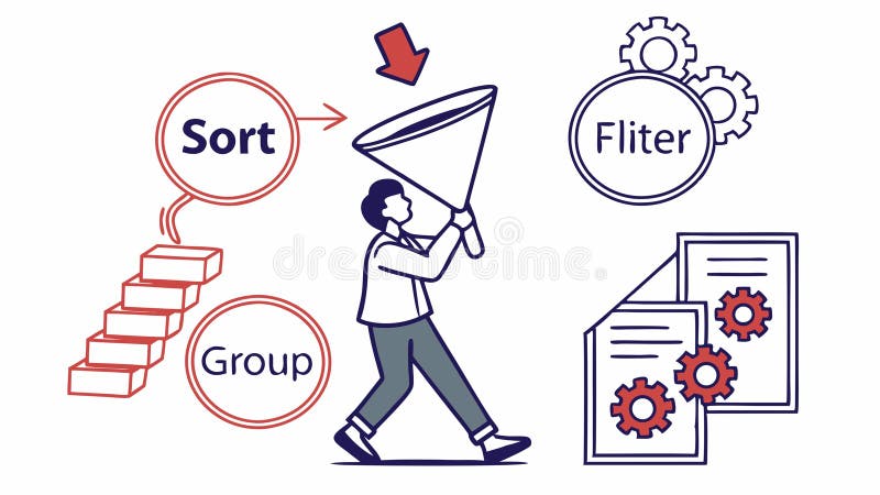 File Management Process, Sort, Filter, Group, Data Organization, Vector ...
