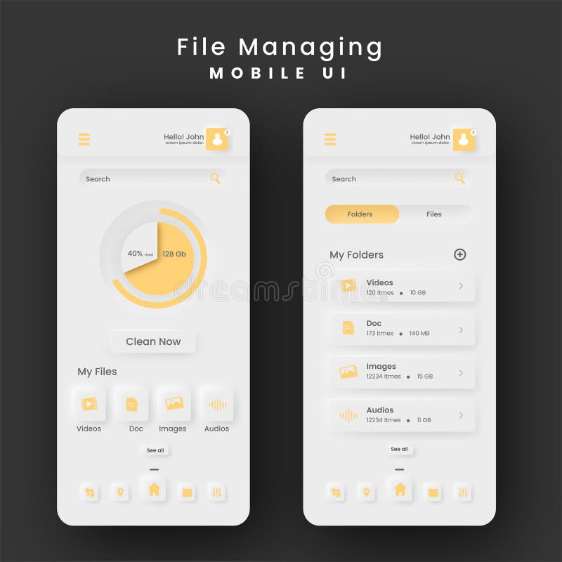 File Managing Mobile Ui Kit Template Layout on Black Background Stock ...